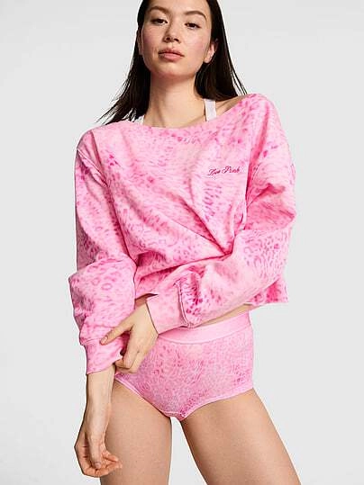Pink Campus Fleece Rib Off-the-shoulder Sweatshirt - Print