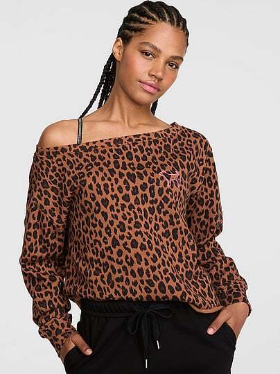 Pink Campus Fleece Rib Off-the-shoulder Sweatshirt - Print