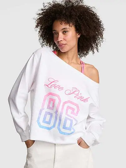 Pink Campus Fleece Rib Off-the-shoulder Sweatshirt - White,ivory