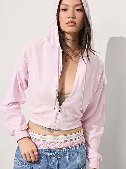 Pink Soft Modal Bubble-sleeve Full-zip Cropped Hoodie - Pink