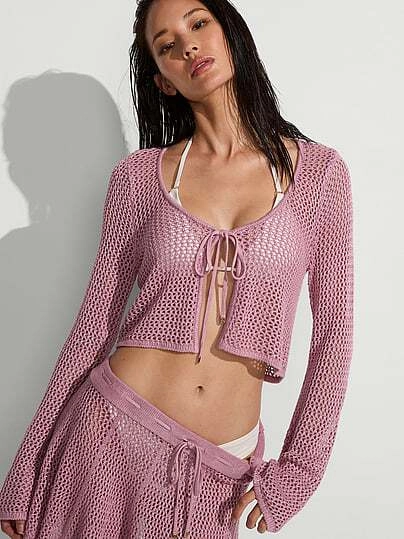 Victoria's Secret Crochet Tie-front Long-sleeve Top - Pink