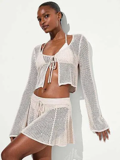 Victoria's Secret Crochet Tie-front Long-sleeve Top - White,ivory