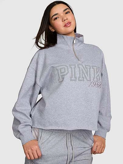 Pink Campus Fleece Quarter-zip Sweatshirt - Grey