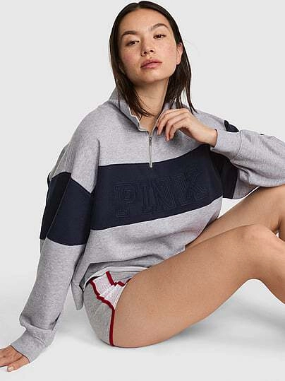 Pink Campus Fleece Quarter-zip Sweatshirt - Grey
