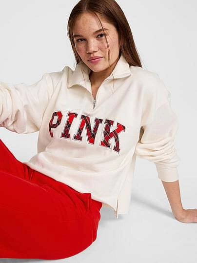 Pink Campus Fleece Quarter-zip Sweatshirt - Grey