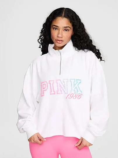 Pink Campus Fleece Quarter-zip Sweatshirt - White,ivory
