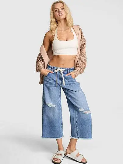 Pink Denim Mid-rise Baggy Wide-leg Cropped Jeans - Blue