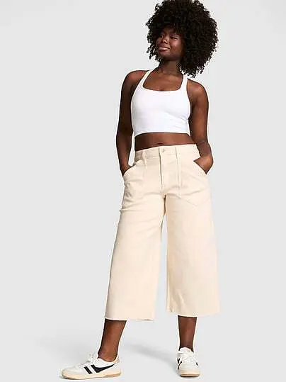 Pink Denim Mid-rise Baggy Wide-leg Cropped Jeans - Blue