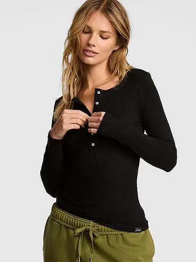 Pink Relaxed Rib Long-sleeve Henley Tee - Black