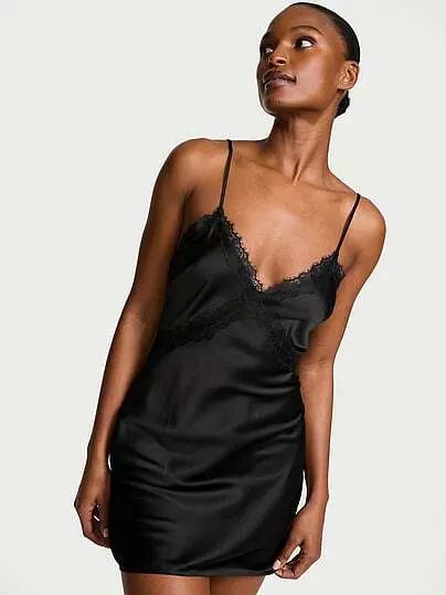 Victoria's Secret Satin Lace-trim Mini Slip Dress - Black