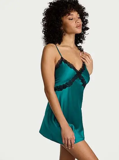 Victoria's Secret Very Sexy Satin Rose Lace-trim Mini Slip Dress - Blue