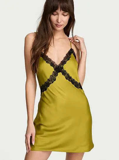 Victoria's Secret Satin Lace-trim Mini Slip Dress - Green