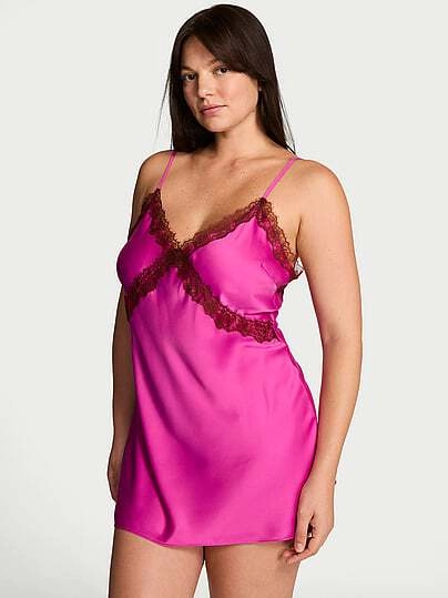 Victoria's Secret Very Sexy Satin Rose Lace-trim Mini Slip Dress - Pink