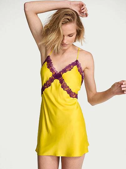 Victoria's Secret Satin Lace-trim Mini Slip Dress - Yellow