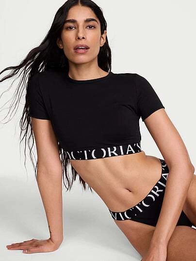 Victoria's Secret The T-shirt Cotton Short-sleeve Bralette Crop Top - Black