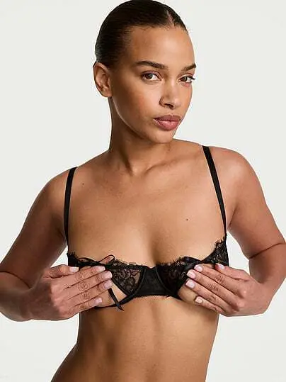 Victoria's Secret Very Sexy Rose Lace Bows Open-cup Balconette Bra - Black