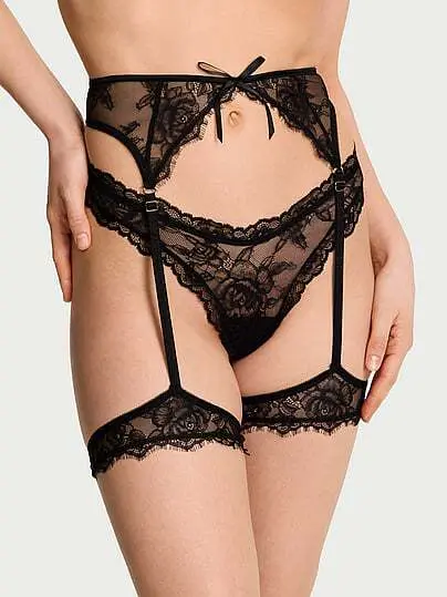 Victoria's Secret Very Sexy Rose Lace Bows Garter Belt - Black