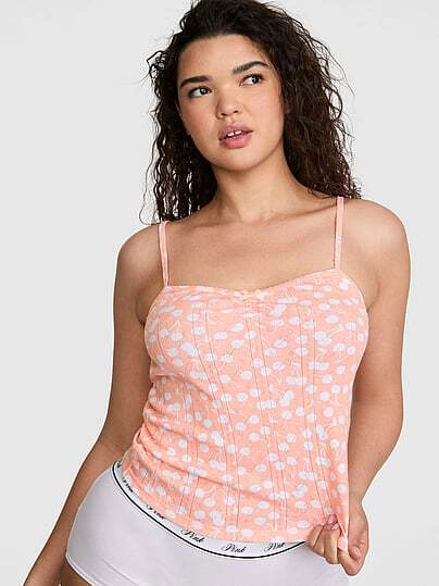 Pink Pointelle Sweetheart Cami - Print
