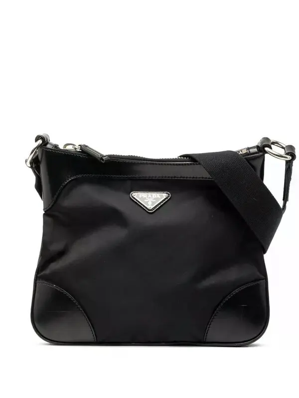 Prada 2013-2025 Leather Trimmed Tessuto Zip Top Crossbody Bag - Black