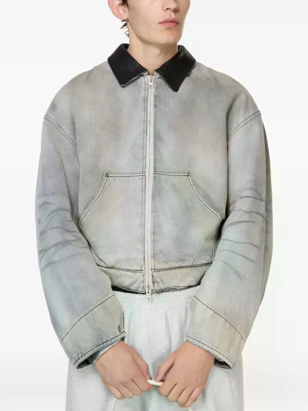 Acne Studios Zip Denim Jacket With Leather Collar - Grey