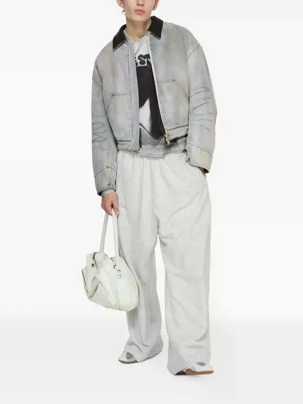 Acne Studios Faded Denim Bomber Jacket With Leather Collar - Grey