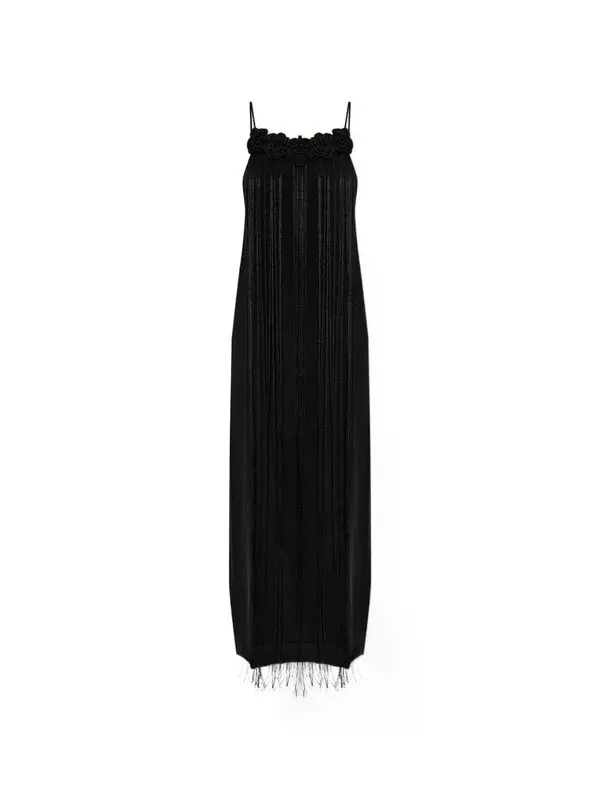 JIL SANDER Floral-appliqué Fringed Dress - Black