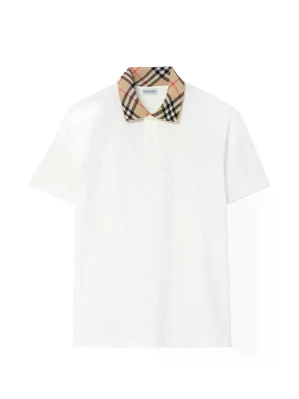 Burberry Check Collar Cotton Polo Shirt - White