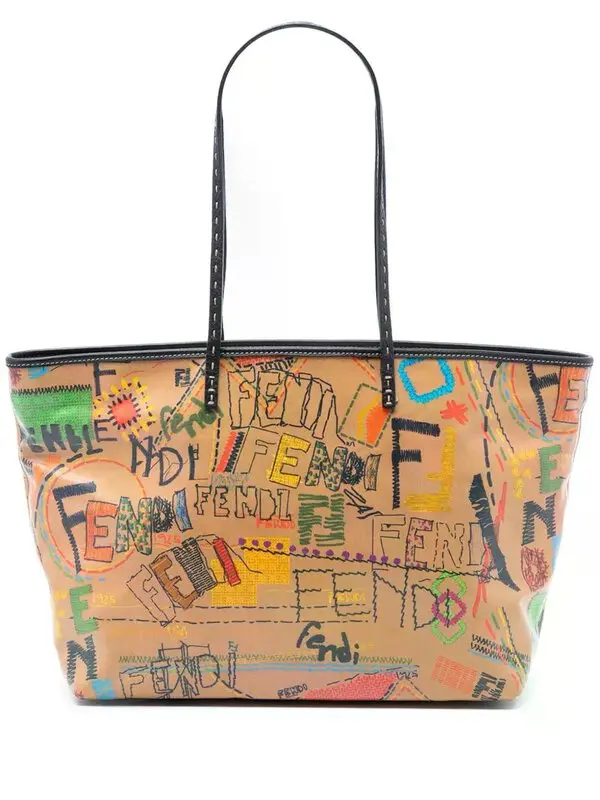 Fendi 2010-2026 Medium Multicolore Coated Canvas Graffiti Roll Tote Bag - Brown