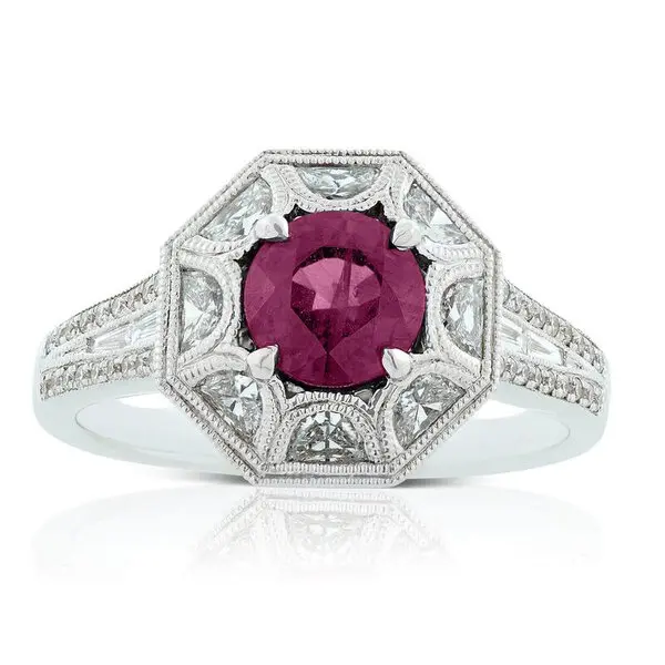Benbridge Ruby & Half Moon Diamond Halo Ring 18k,wg |rra09 - Red