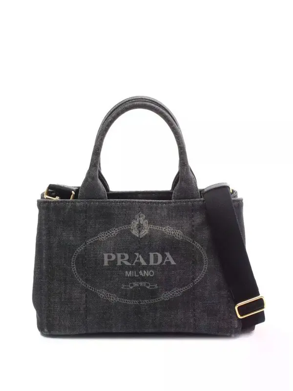 Prada 2013-2026 Denim Canapa Logo Tote Satchel - Black