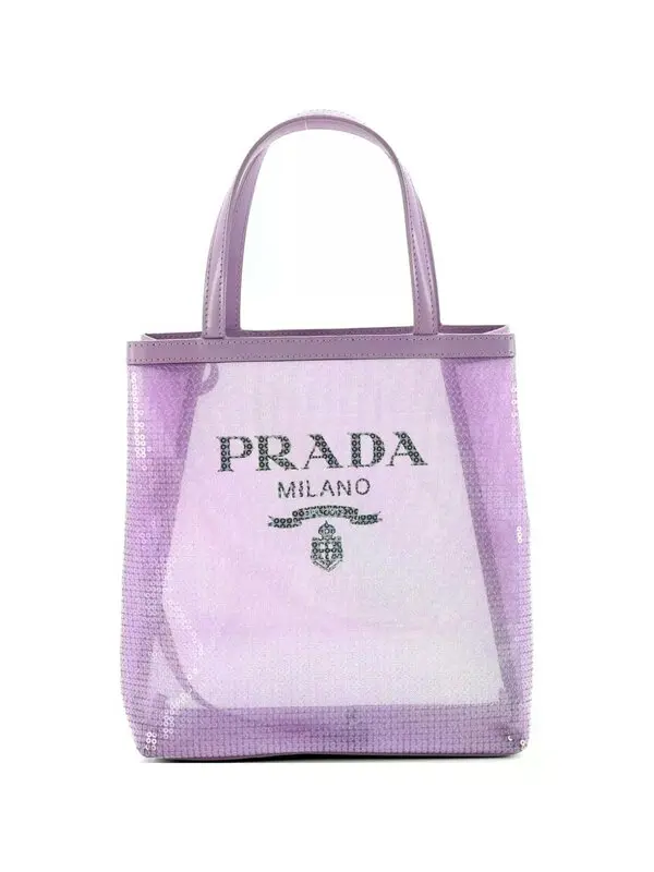 Prada Logo Open Sequined Mesh Small Tote Bag - Purple