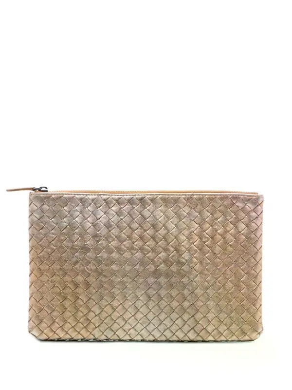 Bottega Veneta 2012-2026 Metallic Grosgrain Intrecciato Clutch Bag - Gold