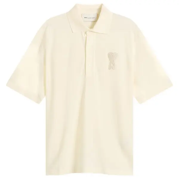 Ami Boxy Fit Polo With De Coeur Knitted Patch - Blanc Creme