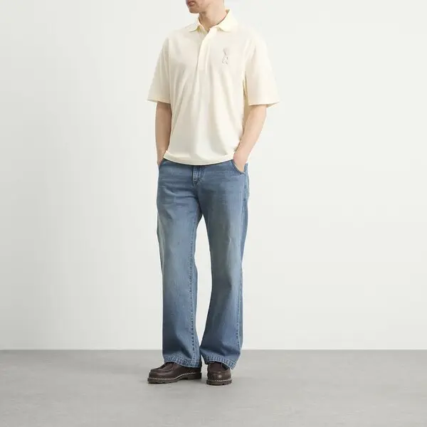 AMI Paris Boxy Fit Polo With De Coeur Knitted Patch - Blanc Creme