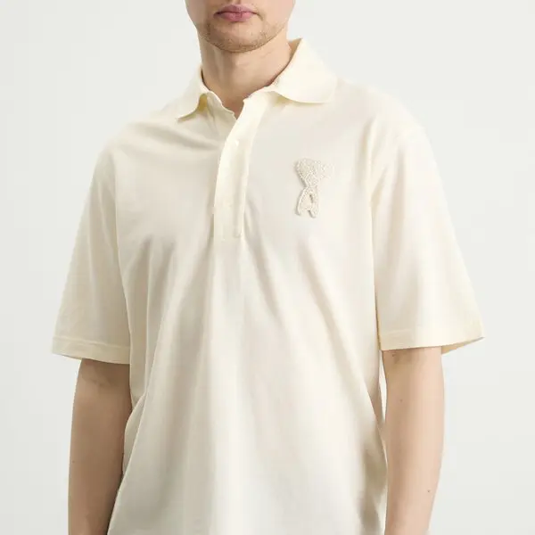 AMI Paris Boxy Fit Polo With De Coeur Knitted Patch - Blanc Creme