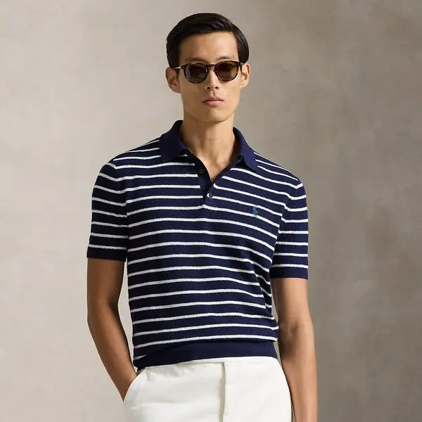 Ralph Lauren Striped Cotton-linen Polo Sweater - Bright Navy Combo