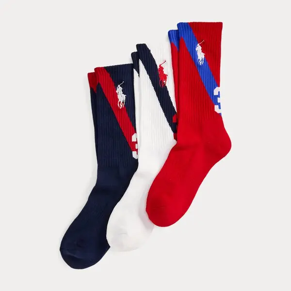 Ralph Lauren Sash-stripe Crew Sock 3-pack - White/navy/red