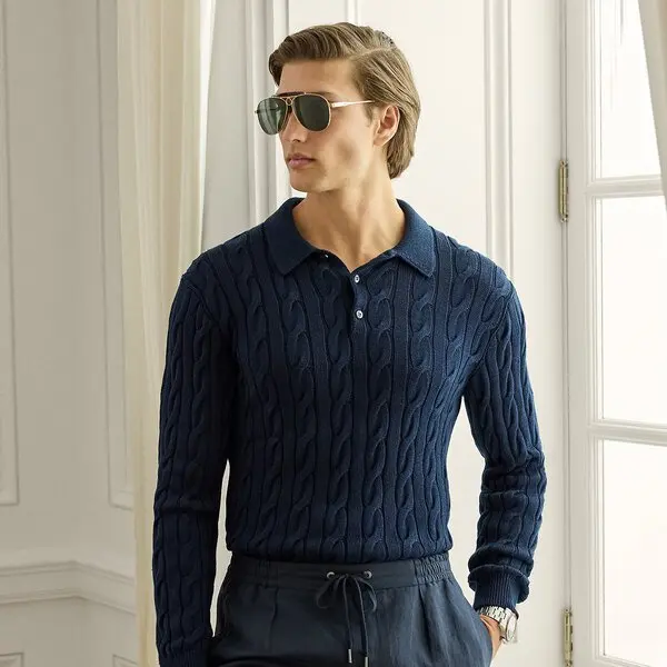 Ralph Lauren Cable-knit Cotton-silk Polo Sweater - Classic Chairman Navy