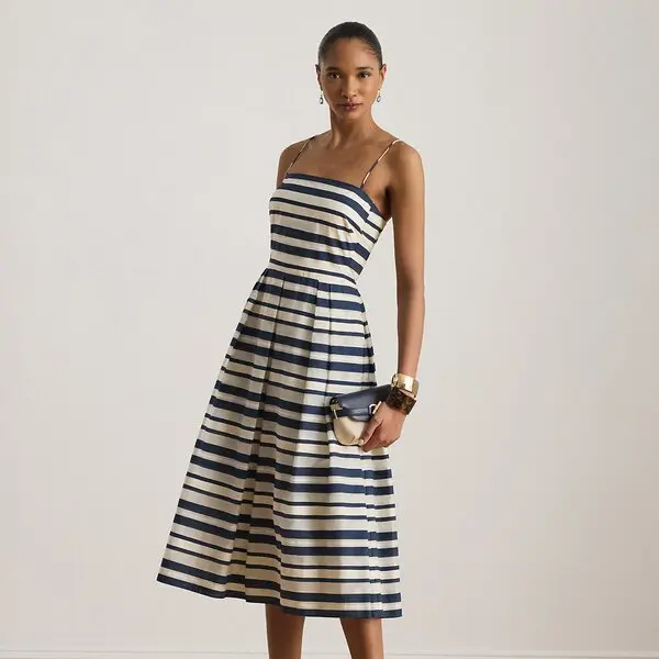 Ralph Lauren Striped Satin Sleeveless Cocktail Dress - Navy/cream Multi