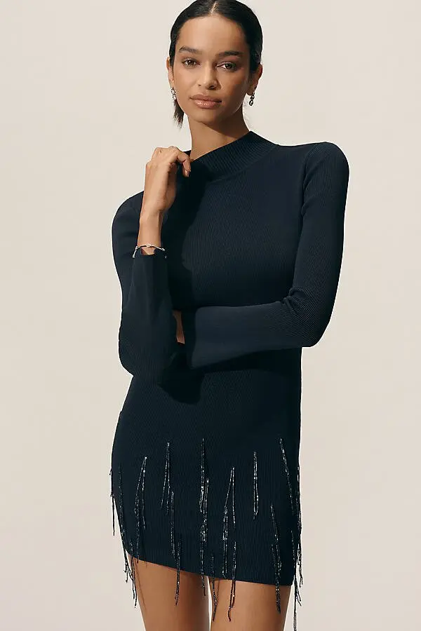 DELFI COLLECTIVE Elena Long-sleeve Beaded Mi Frge Dress - Navy