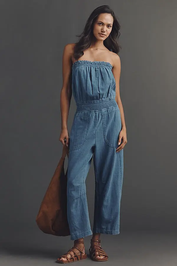 PILCRO Reese 100% Cotton Strapless Jumpsuit - Medium Denim
