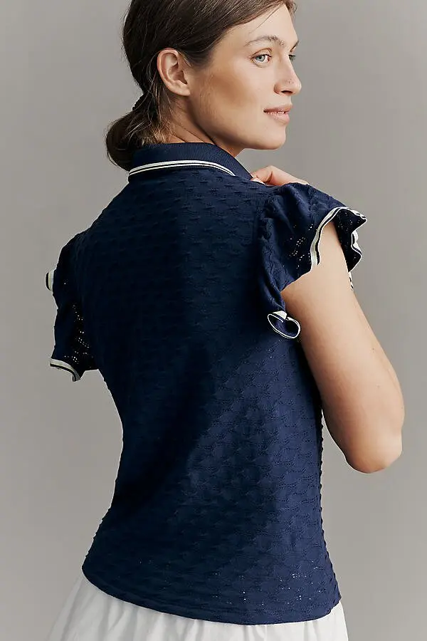 Maeve Flutter-sleeve Polo Top - Navy