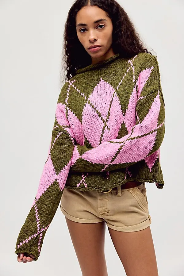 Free People Opal Rollneck Knit Patterned Sweater - Army