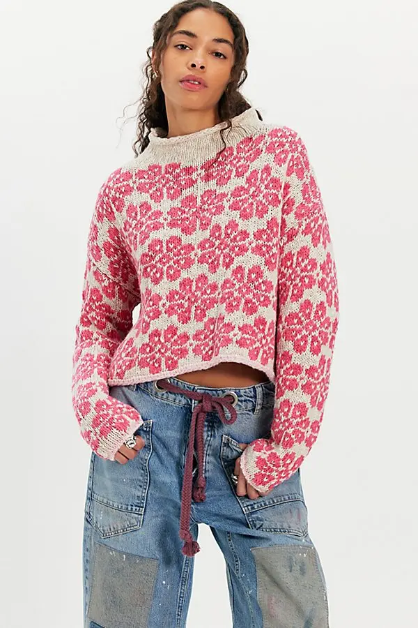 Free People Patterned Rollneck Knit Sweater - Raspberry Combo