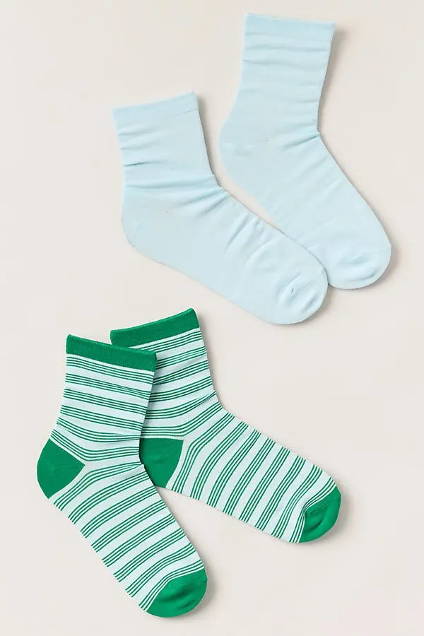 Anthropologie Striped And Solid Crew Socks, Set Of 2 - Green Stripe
