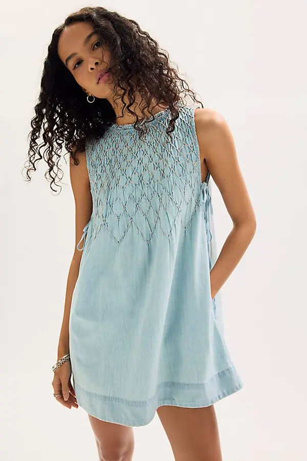 Free People Maisie Smocked Denim Mini Dress - Bleach Out Wash