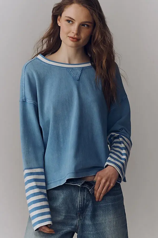 PILCRO Cotton Seamed Long-sleeve Top - Blue Stripe