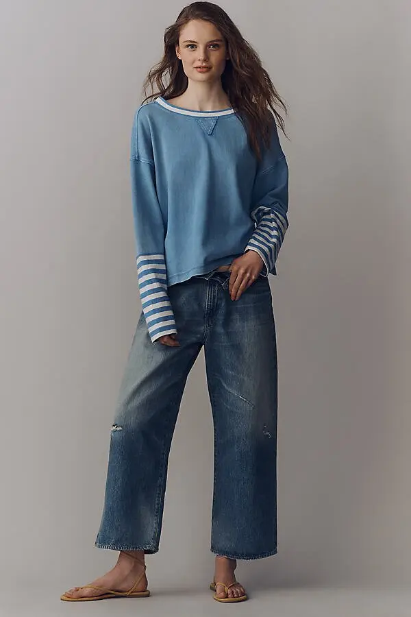 PILCRO Cotton Seamed Long-sleeve Top - Blue Stripe