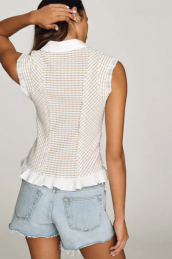 Anthropologie Slim Ruffled Sleeveless Shirt - Khaki
