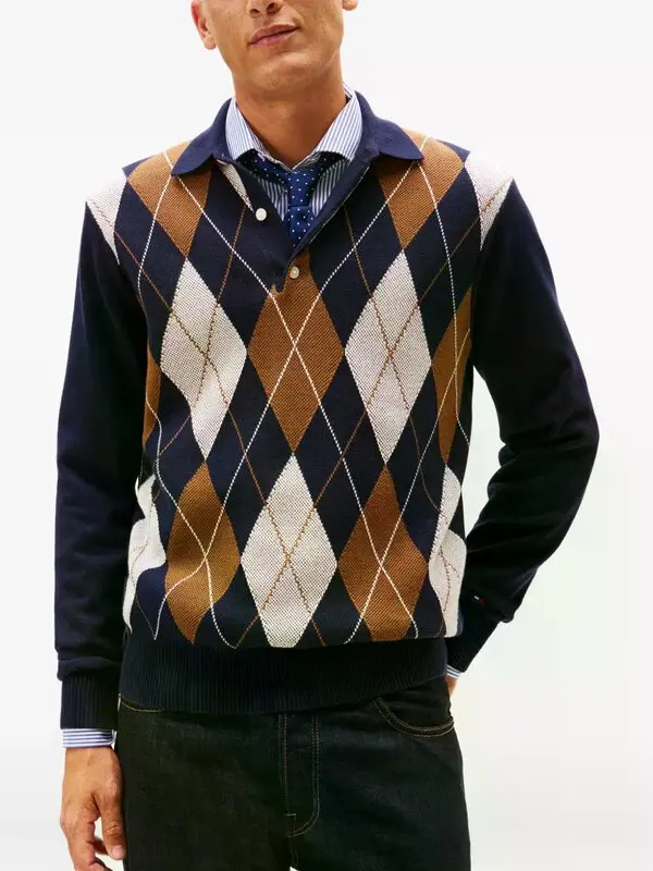 Tommy Hilfiger Argyle Pattern Long Sleeve Polo Shirt